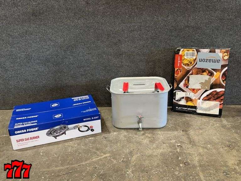 1 Deep Fryer, 1 New Unused Omega Power Super Gas Burner & 1 Camp Chef ...