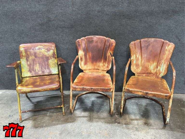 2 Antique Shell Back Lawn Chairs & 1 Folding Chair - 777 Auction Company