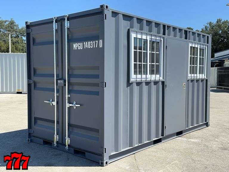 14’ x 7’ Container w/ 1 End Barn Door & 2 Side Windows & 1 Side Door ...