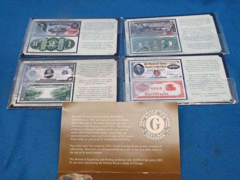 Three colorized $2 bills, one colorized $1 bill, and one $2 Star Note ...