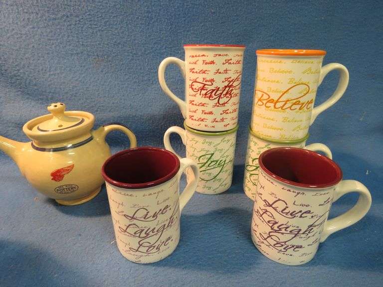 Red Wing teapot, coffee cups, and glassware - AAA Auction and Realty