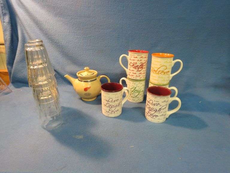 Red Wing teapot, coffee cups, and glassware - AAA Auction and Realty