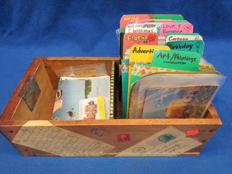 Vintage postcards divided into categories in a wooden box - AAA Auction ...