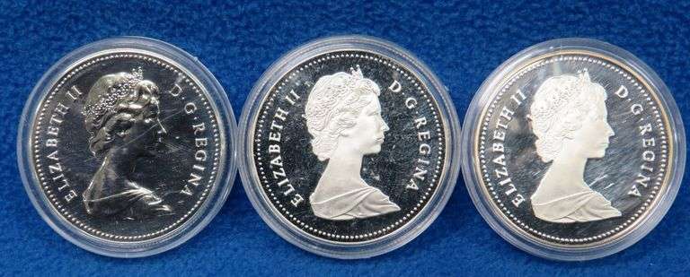 Three Canadian proof silver dollars as described: 1979 HMS Griffon ...