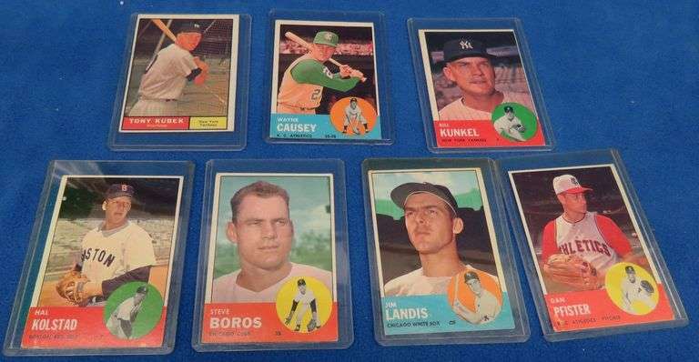 Seven sleeved collectible baseball cards including Boston Hal Kolstad ...