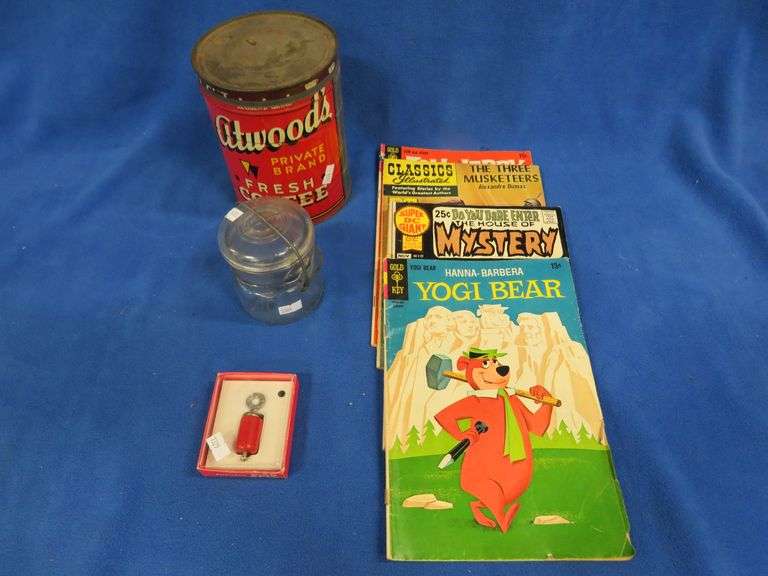 Vintage comics including Yogi Bear, Audubon Bird call, canning jar with ...