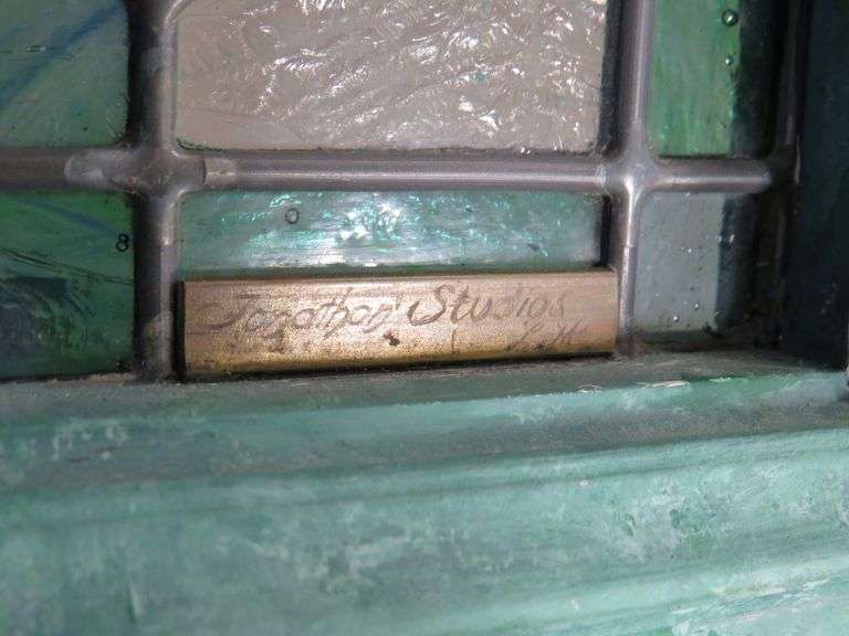 Hanging stained glass window signed "Jonathan Studios" 40" x 16" x 1.5 ...