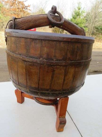 Large antique Japanese wooden well bucket that has been repurposed into ...