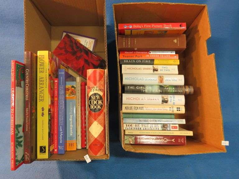 Two boxes of books including Nicholas Sparks, Cookbooks, Minnesota ...