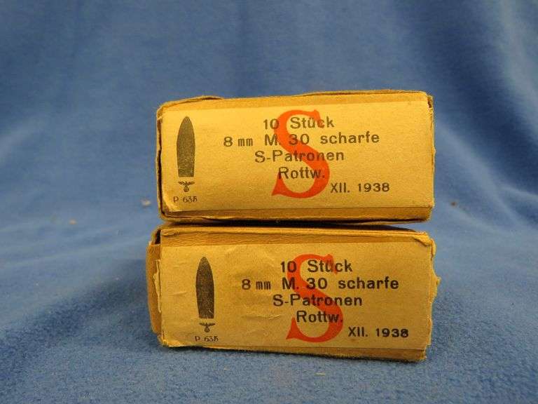 Twenty WW2 era German 8mm m 30 scharfe S-Patron cartridges. Dated 1938 ...