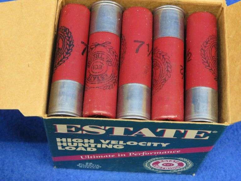 One box of 25 Estate 28-gauge 7 1/2-shot shotgun shells, and one box of ...