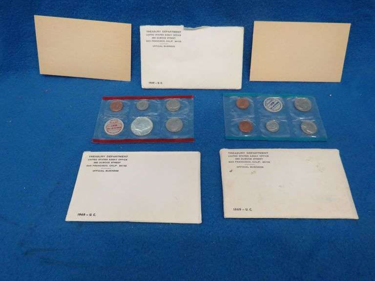 Three 1969 US Mint Uncirculated sets. Each set contains coins from both ...