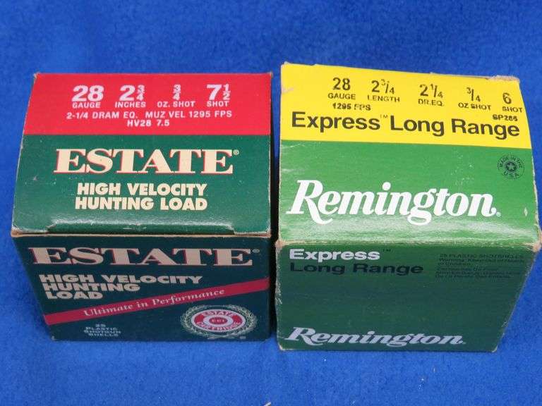 One box of 25 Estate 28-gauge 7 1/2-shot shotgun shells, and one box of ...