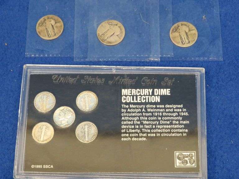 Mercury Dime collection with five dimes and three no date Standing ...