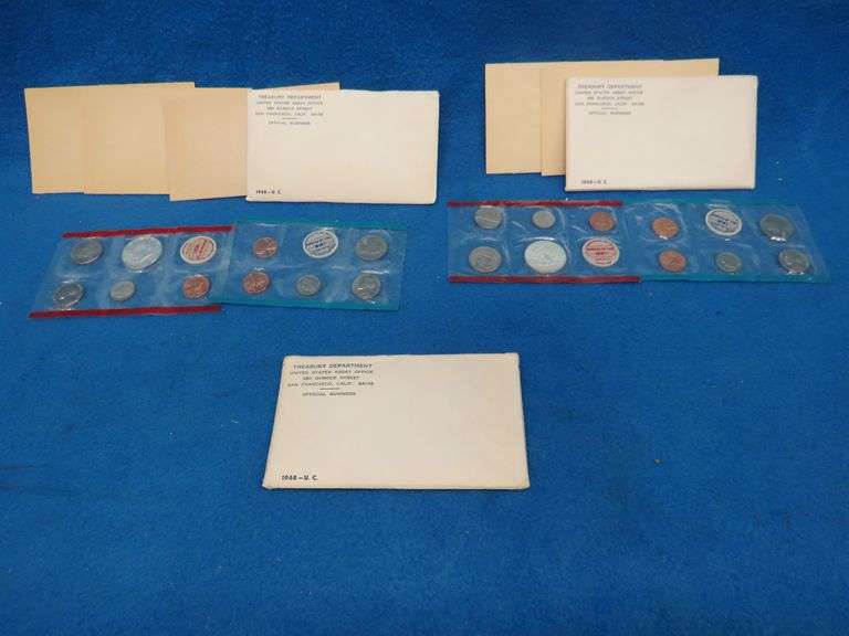 Three 1968 US Mint Uncirculated sets. Each set contains coins from both ...