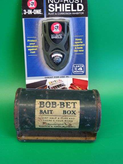 Bob-Bet bait box, and a NIP No Rust Shield tool - AAA Auction and Realty