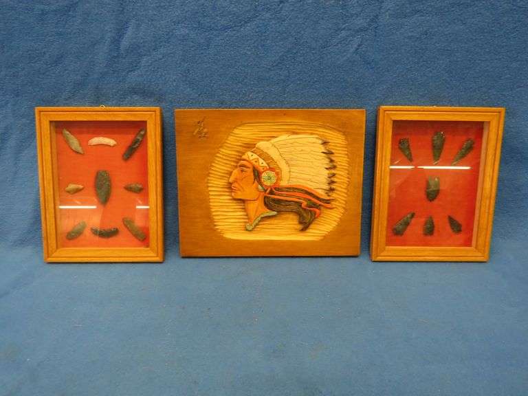 Relief carving of a Native American and two framed collections of ...
