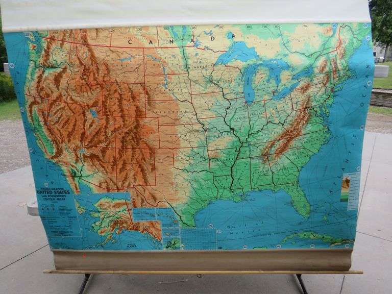 Vintage roll-up schoolhouse map depicting the USA and possessions - AAA ...