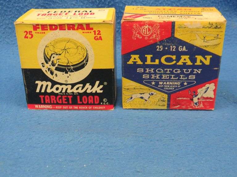 Vintage Federal Monark and Alcan 12-gauge boxes with mixed 8 and 9 shot ...