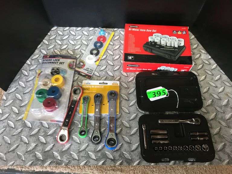 ASSTD TOOLS: HOLE SAW SET, CRAFTSMAN SOCKET SET, 3 PC RATCHETING ...