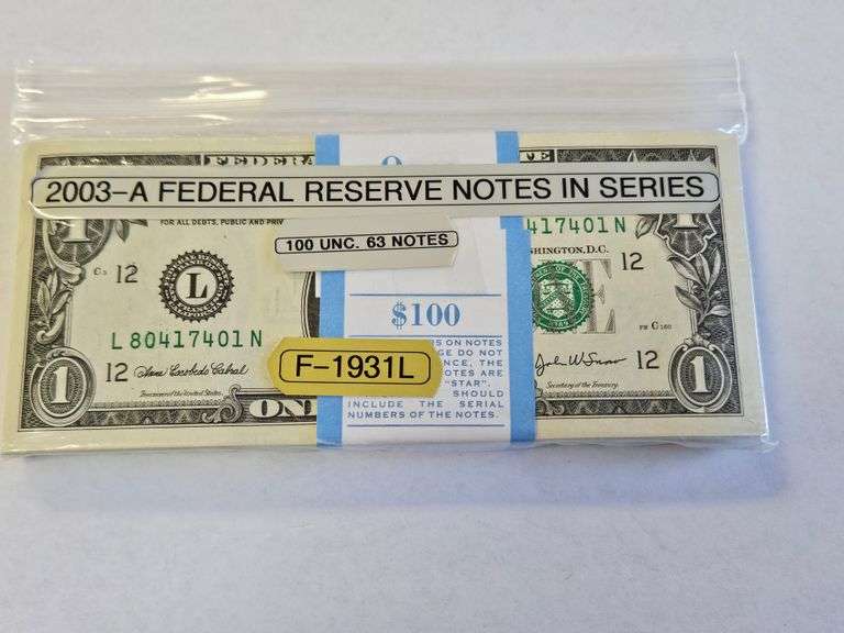 100 UNC ONE DOLLAR 2003-A FEDERAL RESERVE NOTES IN SERIES - Auctions ...