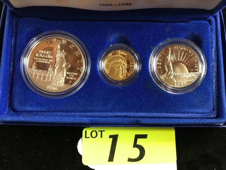 PROOF 1986 UNITED STATES LIBERTY COINS, 3 COIN SET: LIBERTY GOLD FIVE ...