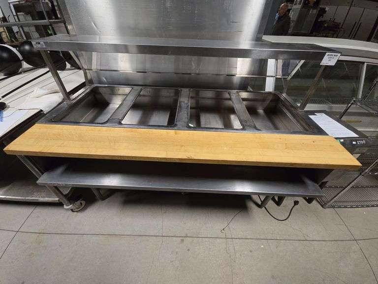SCRS 4 Well Steam Table with Over and Under Shelf, Sneeze Guard and Wood Cutting Board with NEMA ...