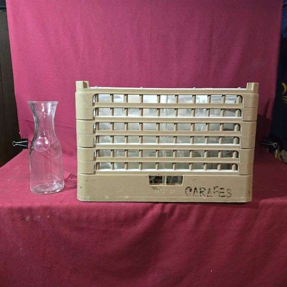 (16) 1 Liter Glass Decanters, (1) 16 Compartment Dishwasher Rack - Acesbid