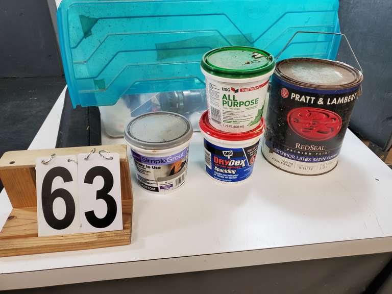 Lg Clear Tote w/ Partial Containers of Grout ~ Paint ~ Joint Compound ...