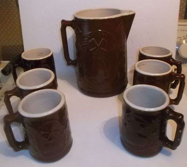 Antique Burley Winter Stoneware Captain & Windmill Pitcher & 6 Mugs Set ...