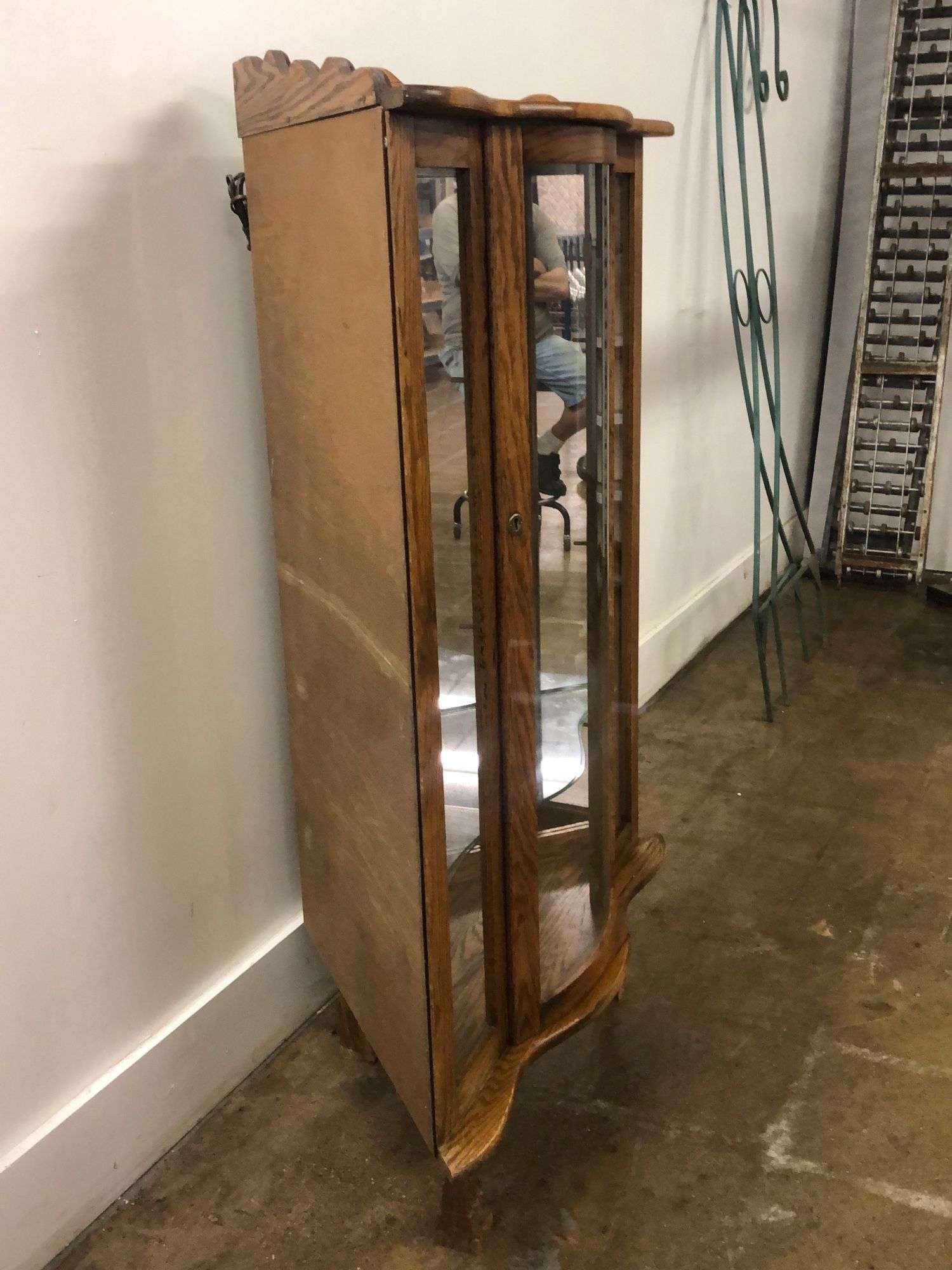 Oak corner curio cabinet curved glass store