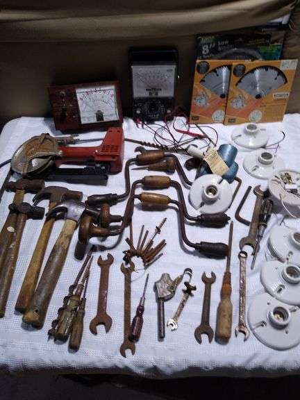 Vintage tools Olson electronics tester, hammers, hand drills, porcelain ...