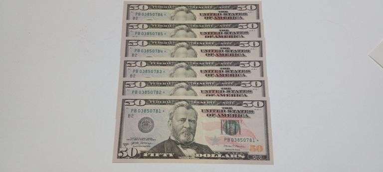 6 Uncirculated Consecutive Order Lower Serial Numbers 2017A 50 Dollar ...