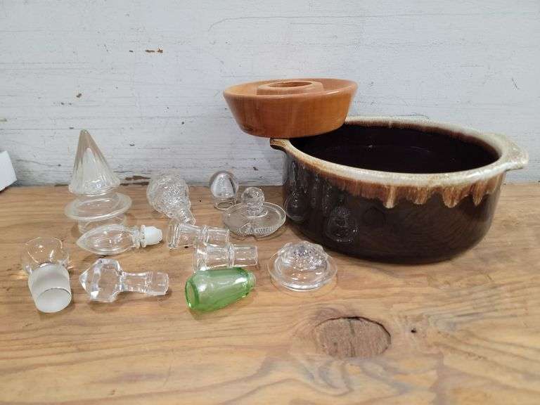 Vintage Pfaltzgraff Casserole Dish, Glass Decanter Stoppers/ Lids ...