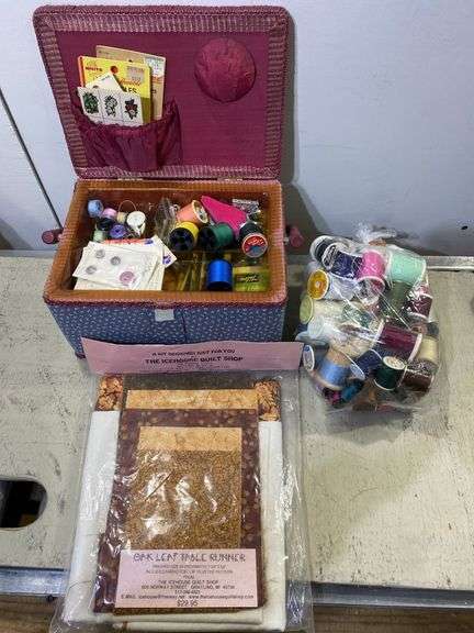 Sewing box filled with miscellaneous items, quilt kit – threads. 1b ...