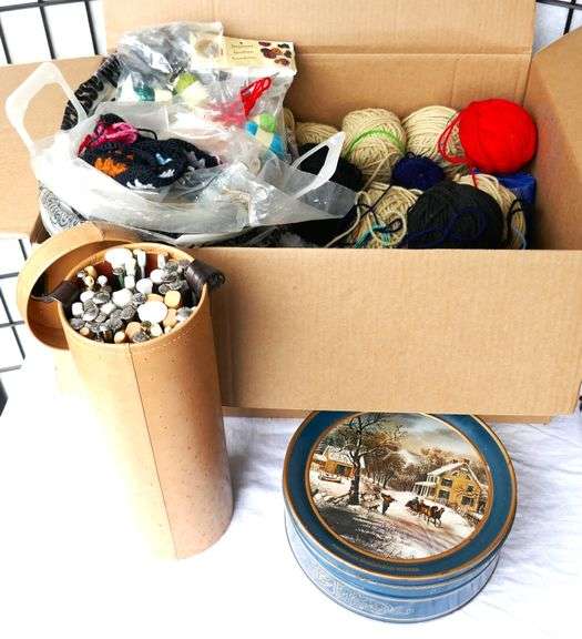 Box of Yarn, Container and Tin of Knitting Needles - Lil Dusty Online ...