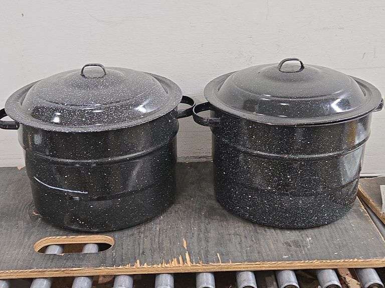 Set of 2 Enamel Canning Pots with Jar Racks. 6E - Lil Dusty Online ...