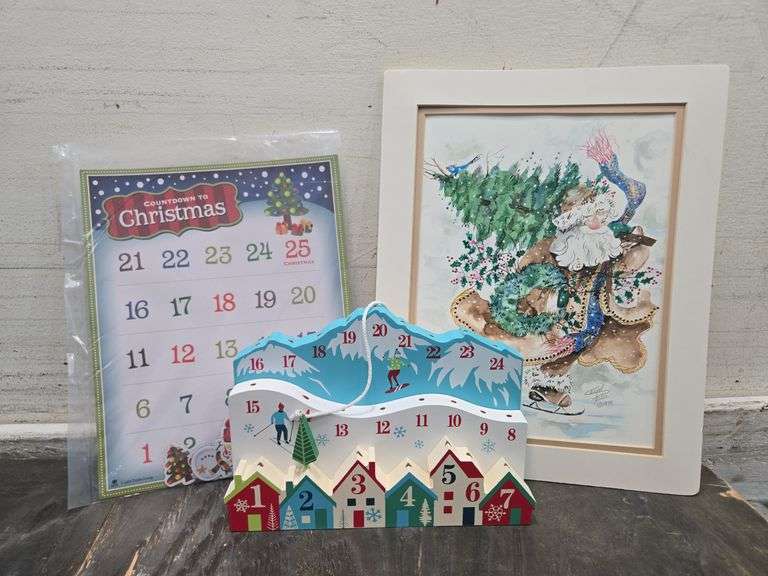 Santa Watercolor Painting, Magnetic Christmas Countdown & Wooden Ski ...