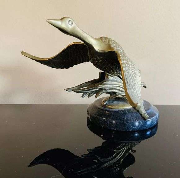 Vintage Solid Brass Goose In mm Flight On Round Marble Base - Lil Dusty ...