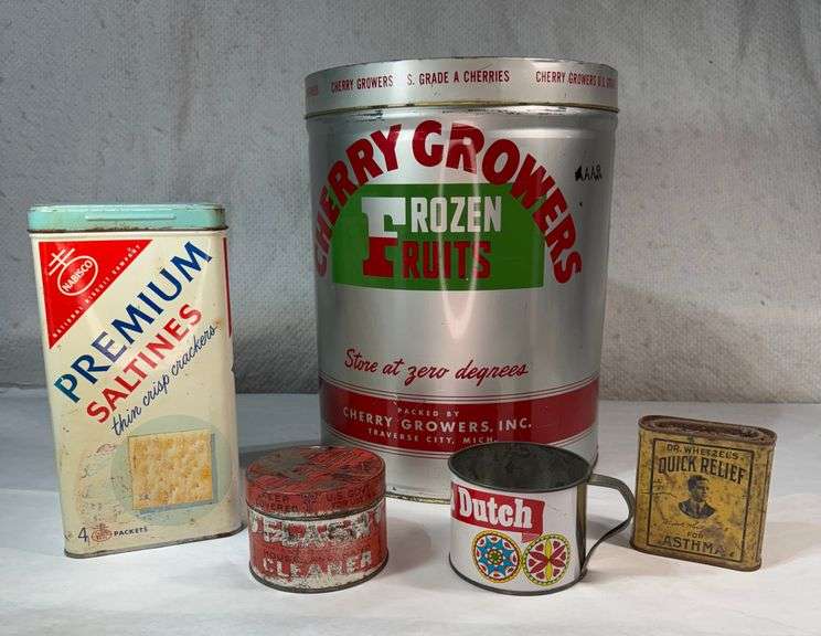 5 Vintage Tins: Cherry Growers Montmorency, Premium Saltines, Flash ...