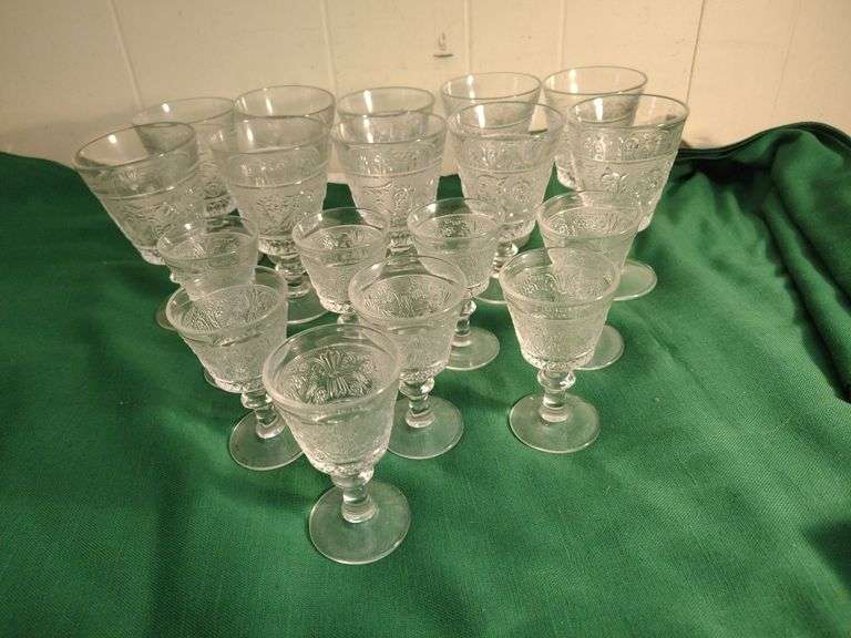 Duncan Miller clear glass Sandwich pattern 10 big goblets and 8 small ...