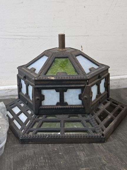 Heavy Cast Iron Ceiling Light Fixture with Slag Glass Inserts. 5B - Lil ...