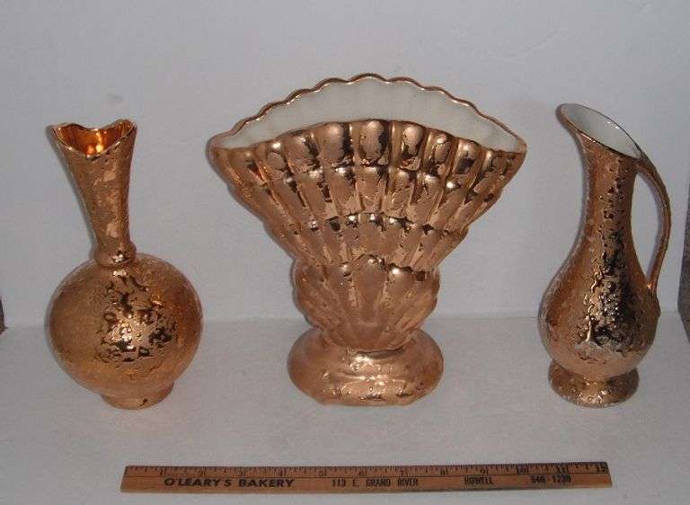 3 MCM Vintage 22K Weeping Gold Decorated Pieces Vases & Ewer / Pitcher ...