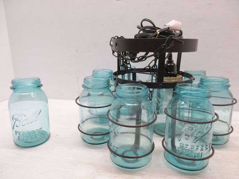 Metal Hanging Light with (9) Ball Mason Jars, and a Blue Quart Ball ...