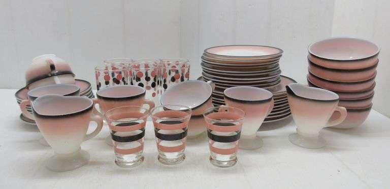 (51) Pieces of Pink and Black Dinnerware, and Glasses, Hazel Atlas ...
