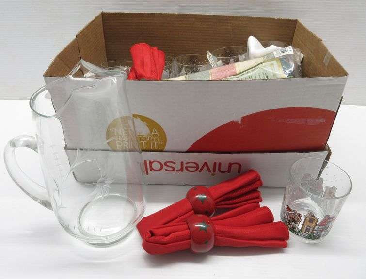 (8) Cheistlers Glasses; Glass Pitcher, 11"H; (2) Sets of Napkin Rings ...