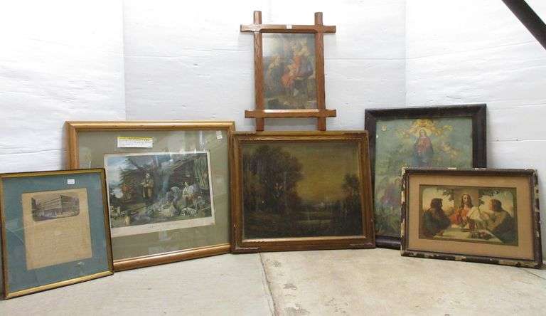 Antique Prints, Including: 1863 Currier & Ives with Solid Oak Frame ...