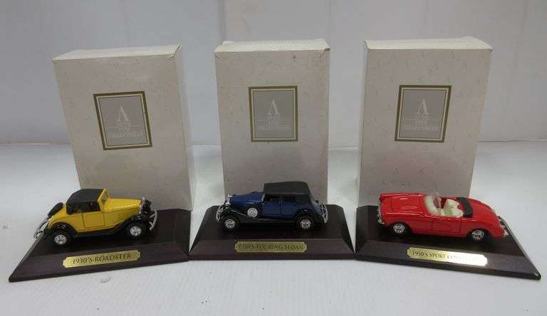 (3) Avon Classic Car Collection Cars with Wooden Pedestals, Including ...