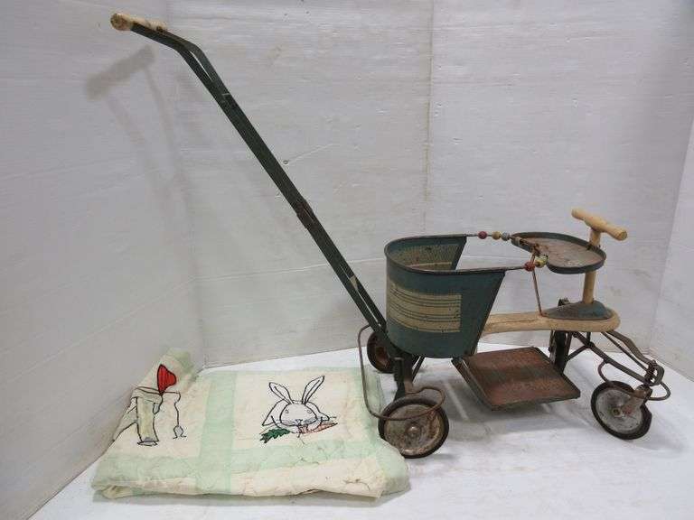 Vintage 1950s Baby Buggy/Walker/Stroller with Label on Set, and a Baby ...