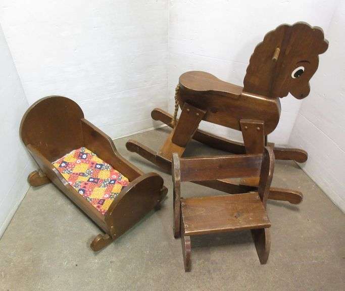 Children's Wooden Rocking Horse, Step Stool, and Cradle for Dolls ...